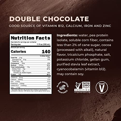 Evolve Plant Based Protein Shake, Double Chocolate, 20g Vegan Protein, Dairy Free, No Artificial Sweeteners, Non-GMO, 10g Fiber, 11 Fl Oz (Pack of 12) - (Formula May Vary)