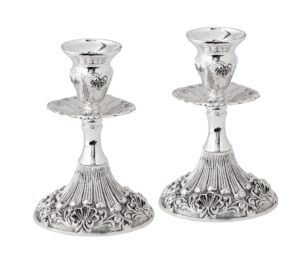 silver plated candlesticks - 2 pack set - pair of 5 inch ornate candle holders with round base and floral design