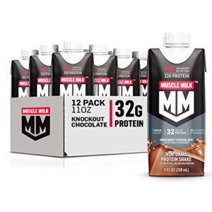 muscle milk pro advanced nutrition protein shake, knockout chocolate, 11 fl oz carton, 12 pack, 32g protein, 1g sugar, 16 vitamins & minerals, 5g fiber, workout recovery, packaging may vary