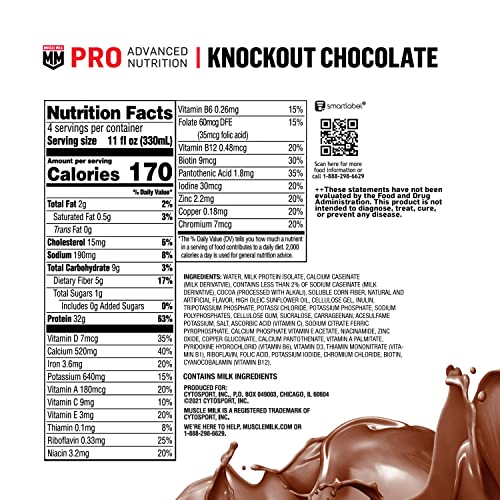 Muscle Milk Pro Advanced Nutrition Protein Shake, Knockout Chocolate, 11 Fl Oz Carton, 12 Pack, 32g Protein, 1g Sugar, 16 Vitamins & Minerals, 5g Fiber, Workout Recovery, Packaging May Vary