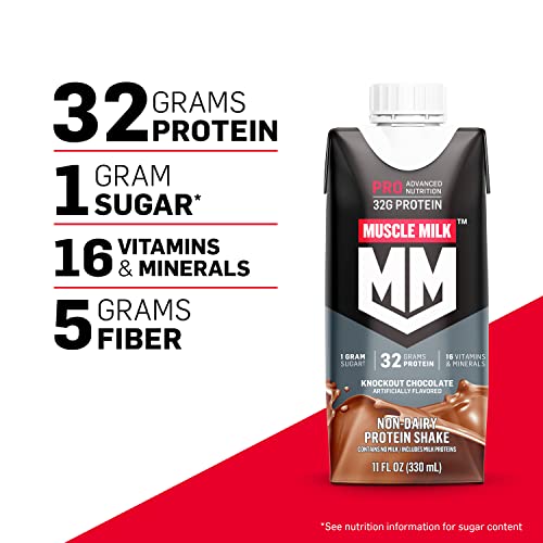 Muscle Milk Pro Advanced Nutrition Protein Shake, Knockout Chocolate, 11 Fl Oz Carton, 12 Pack, 32g Protein, 1g Sugar, 16 Vitamins & Minerals, 5g Fiber, Workout Recovery, Packaging May Vary