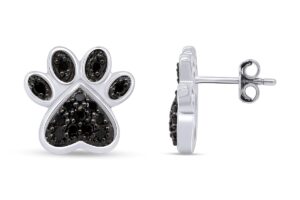 0.25 carat black natural diamond accent paw print stud earrings in 14k white gold over sterling silver