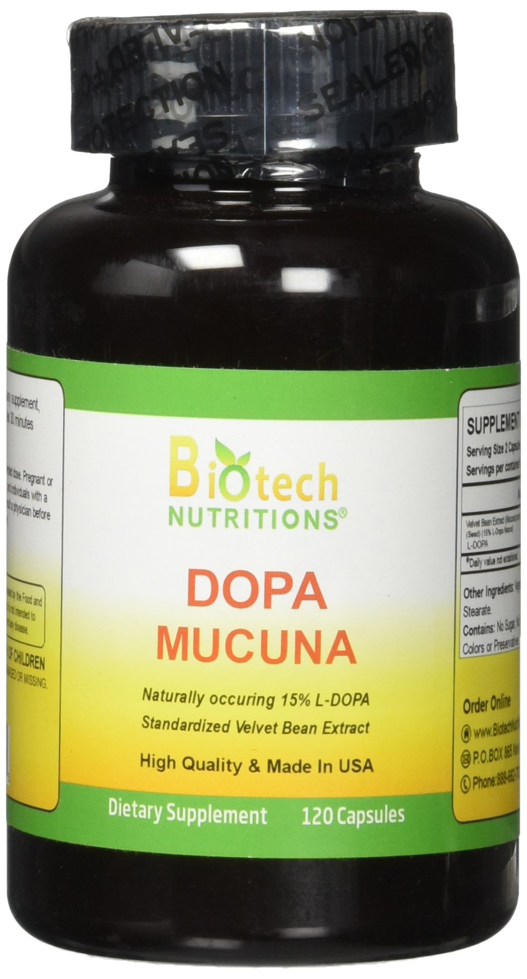 Biotech Nutritions Dopa Mucuna 15% L-Dopa (Mucuna pruriens) 120 Vege Capsules Made in USA