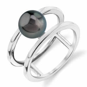 The Pearl Source 8-9mm Genuine Black Tahitian South Sea Cultured Pearl Ora Ring for Women