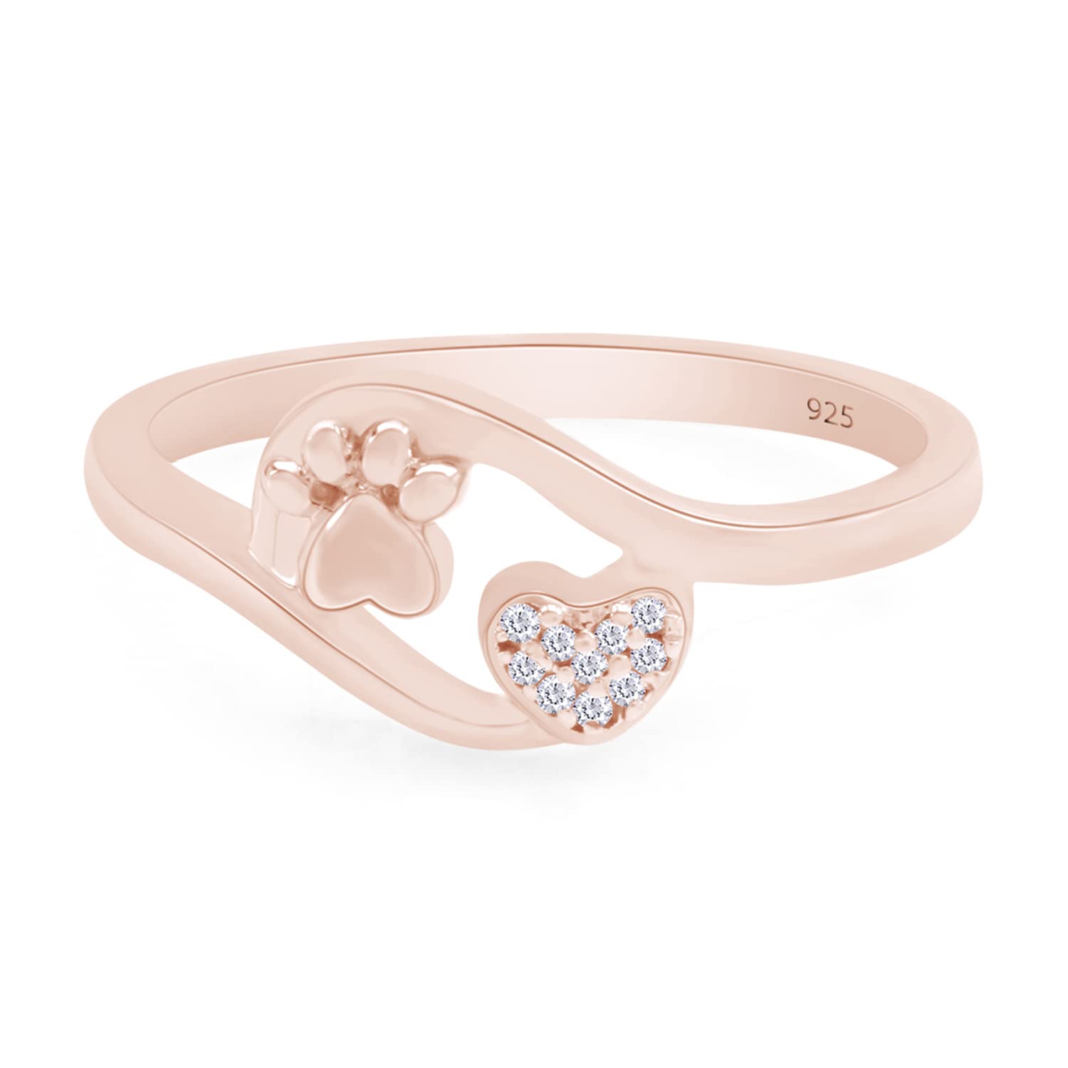 White Natural Diamond Accent Paw Print Heart Ring in 14k Rose Gold Over Sterling Silver (I-J Color, 0.03 Cttw) Ring Size-10