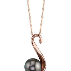 The Pearl Source 8-9mm Genuine Black Tahitian South Sea Cultured Pearl Rose Gold Anastasia Pendant Necklace for Women