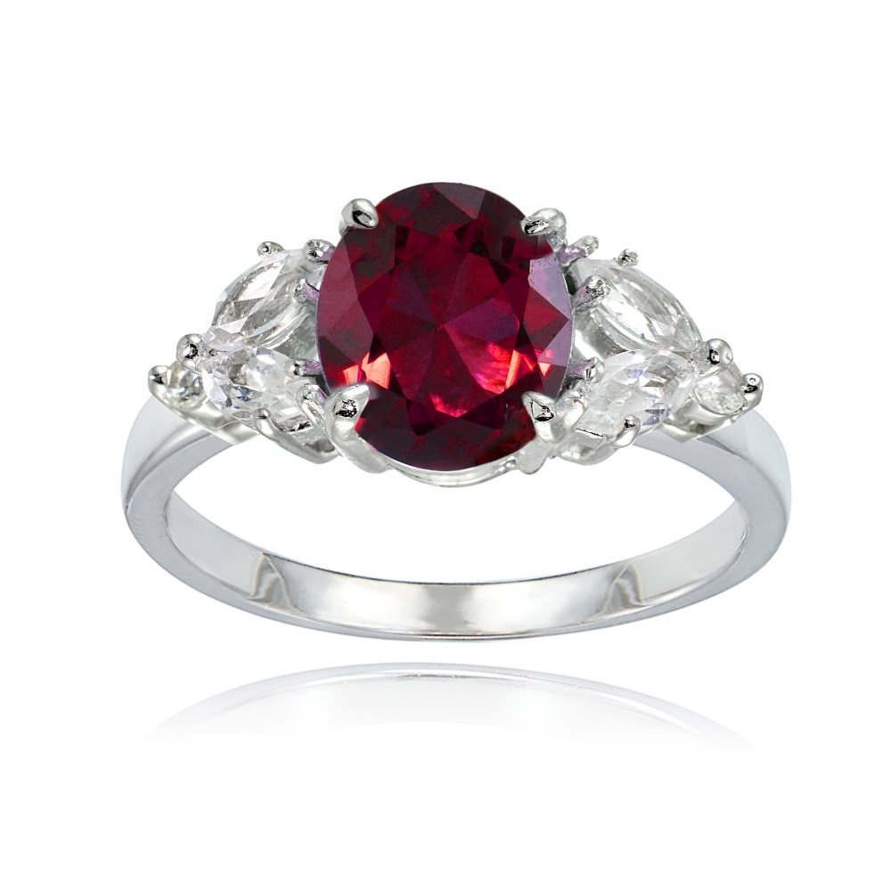 Ice Gems Sterling Silver Created Ruby and White Topaz Oval Ring Size 10