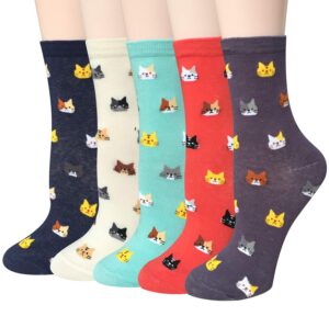 chalier womens funny socks cozy cute printed patterned fun socks novelty cat socks for women gifts, cute cat multicolor 01(5 pairs)