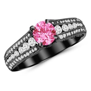 1.7 carat 14k black gold gorgeous channel and pave set graduating round designer diamond engagement ring with a 1 carat natural pink sapphire center (heirloom quality)