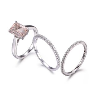 3pcs engagement ring set,7x9mm emerald cut pink morganite 14k white gold diamond stacking matching band