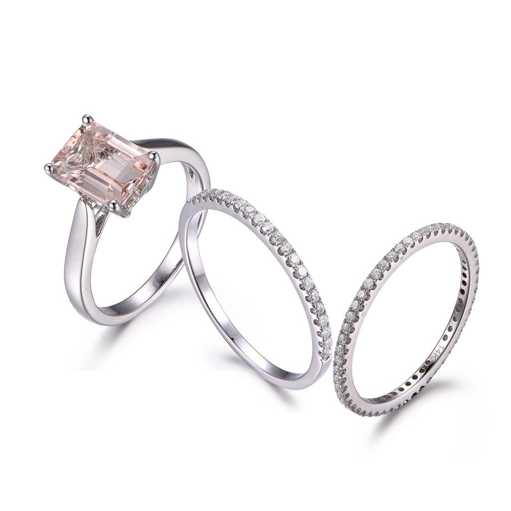 3pcs Engagement Ring Set,7x9mm Emerald Cut Pink Morganite 14k White Gold Diamond Stacking Matching Band