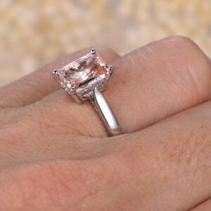 3pcs Engagement Ring Set,7x9mm Emerald Cut Pink Morganite 14k White Gold Diamond Stacking Matching Band