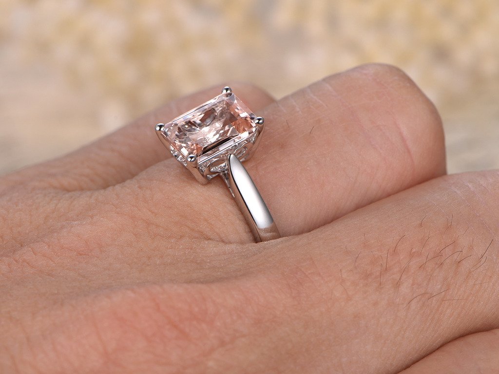 3pcs Engagement Ring Set,7x9mm Emerald Cut Pink Morganite 14k White Gold Diamond Stacking Matching Band