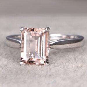 3pcs Engagement Ring Set,7x9mm Emerald Cut Pink Morganite 14k White Gold Diamond Stacking Matching Band