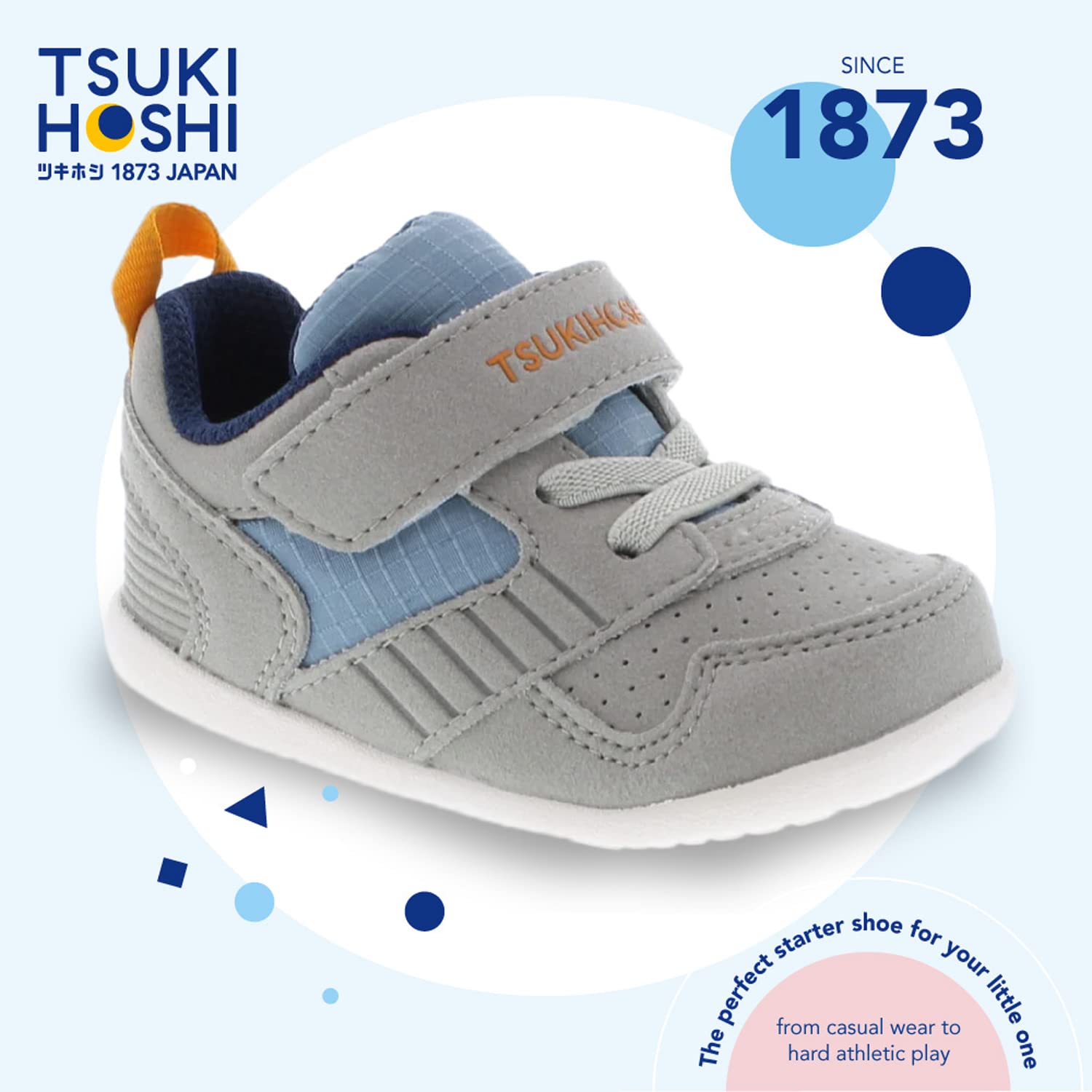 TSUKIHOSHI 2510 Racer Strap-Closure Machine-Washable Child Sneaker Shoe with Wide Toe Box and Slip-Resistant, Non-Marking Outsole - Gray/Sea, 8.5 Toddler (1-4 Years)