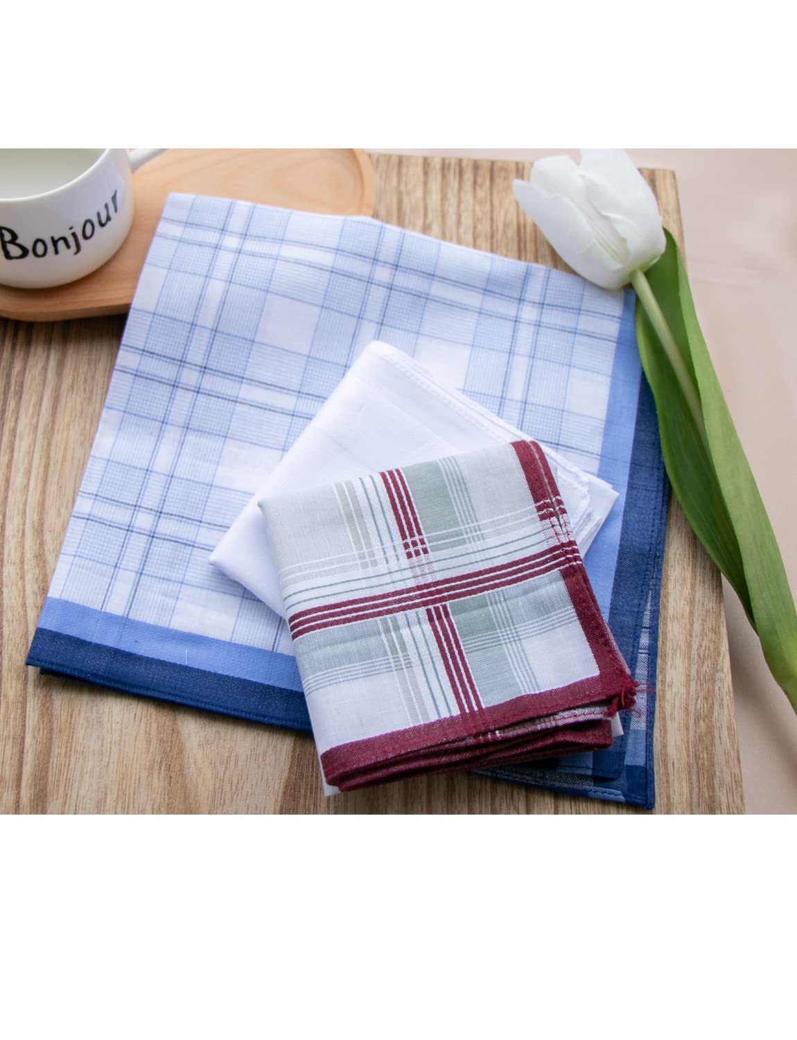 CoCoUSM Assorted Pack of Mens Classic Striped Border Cotton Handkerchiefs White 6PCS