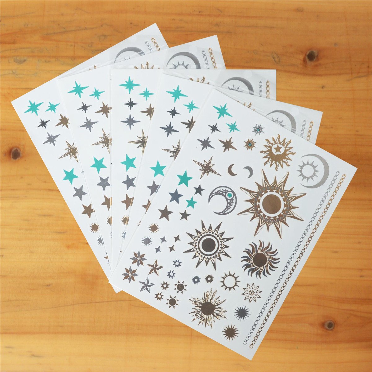 COKOHAPPY 5 Sheets Metallic Temporary Tattoo 150+ Universal Sun Moon Star Gold Silver Shine Beach Armband