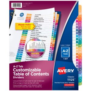 avery a-z tab dividers for 3 ring binders, customizable table of contents, multicolor tabs, 12 sets (11125)