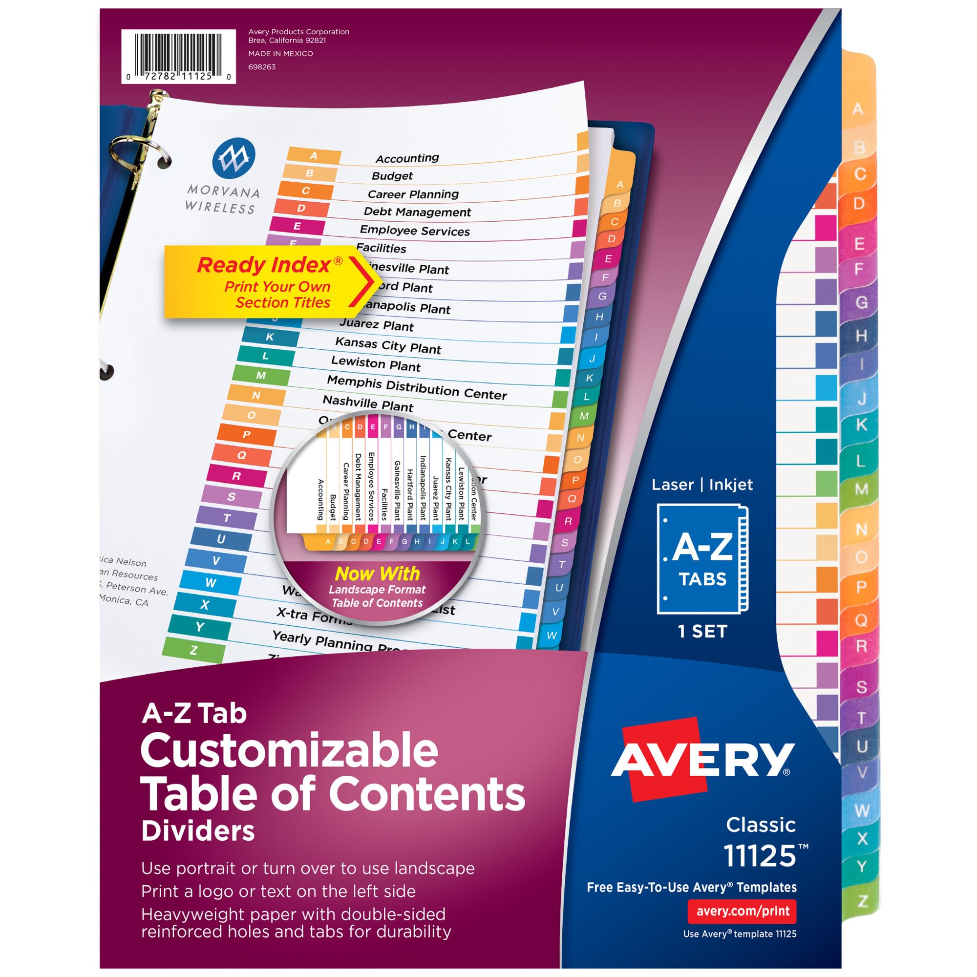 Avery A-Z Tab Dividers for 3 Ring Binders, Customizable Table of Contents, Multicolor Tabs, 12 Sets (11125)