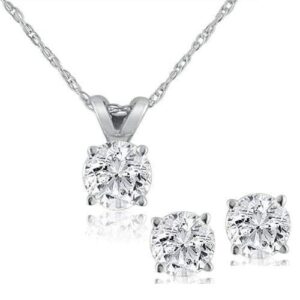 pompeii3 14k white or yellow gold 3/4 ct t.w. round-cut natural diamond studs & matching solitaire pendant women's necklace 18" 14k gold chain