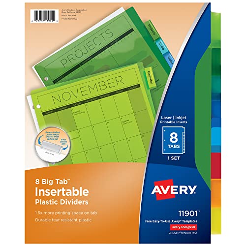 Avery Dividers for 3 Ring Binders, 8-Tab Binder Dividers, Plastic Binder Dividers, Insertable Big Tabs, Multicolor, 24 Sets (11901)