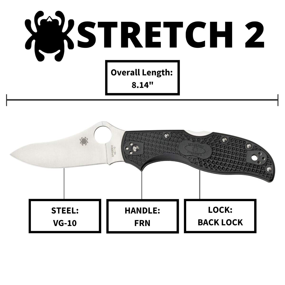 Spyderco Stretch 2 Signature Lightweight Hunting Knife with 3.43" VG-10 Stainless Steel Blade and Black FRN Handle - PlainEdge - C90PBK2