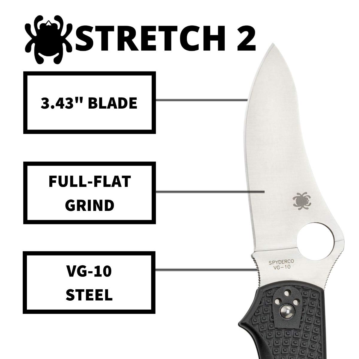 Spyderco Stretch 2 Signature Lightweight Hunting Knife with 3.43" VG-10 Stainless Steel Blade and Black FRN Handle - PlainEdge - C90PBK2