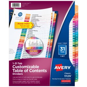 avery 31-tab dividers for 3 ring binders, customizable table of contents, multicolor tabs, 12 sets (11129)