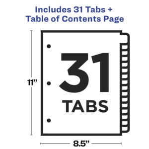 Avery 31-Tab Dividers for 3 Ring Binders, Customizable Table of Contents, Multicolor Tabs, 12 Sets (11129)