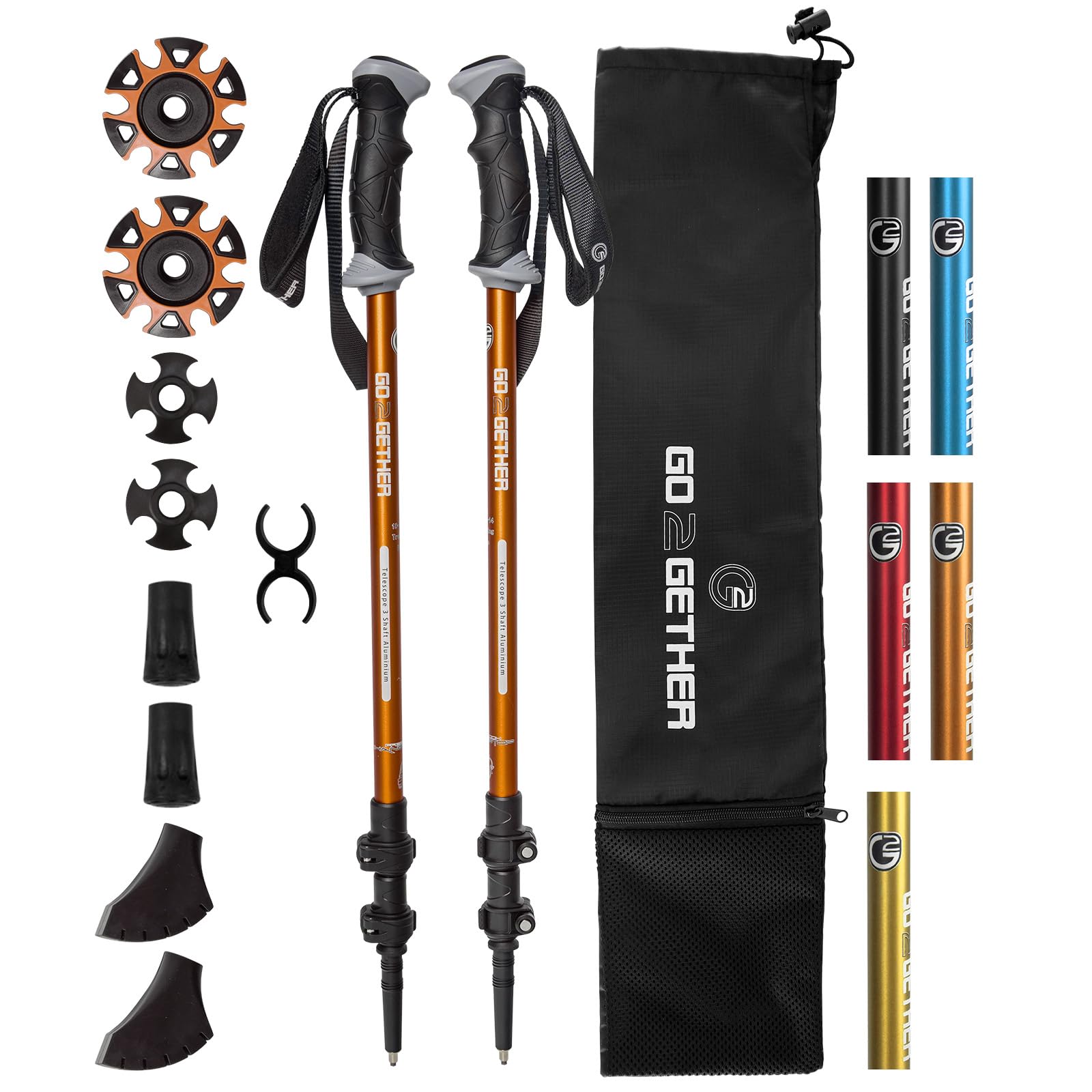 G2 Trekking Hiking Poles Telescopic/Aluminum Alloy/Comfort Handle/Auto-adjustable Strap/Quick Flip Lock/Snow Baskets Attached (Pack of 2 Poles) (Orange & Black)