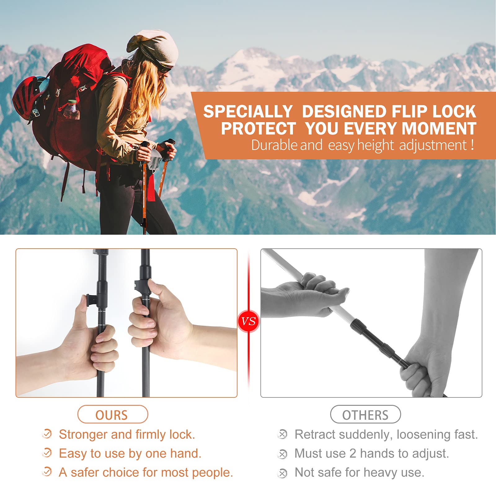 G2 Trekking Hiking Poles Telescopic/Aluminum Alloy/Comfort Handle/Auto-adjustable Strap/Quick Flip Lock/Snow Baskets Attached (Pack of 2 Poles) (Orange & Black)