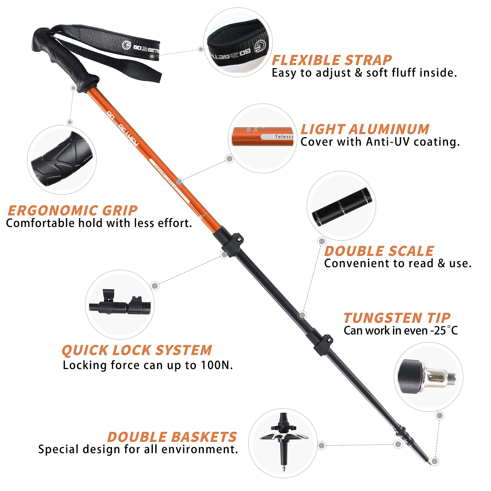 G2 Trekking Hiking Poles Telescopic/Aluminum Alloy/Comfort Handle/Auto-adjustable Strap/Quick Flip Lock/Snow Baskets Attached (Pack of 2 Poles) (Orange & Black)