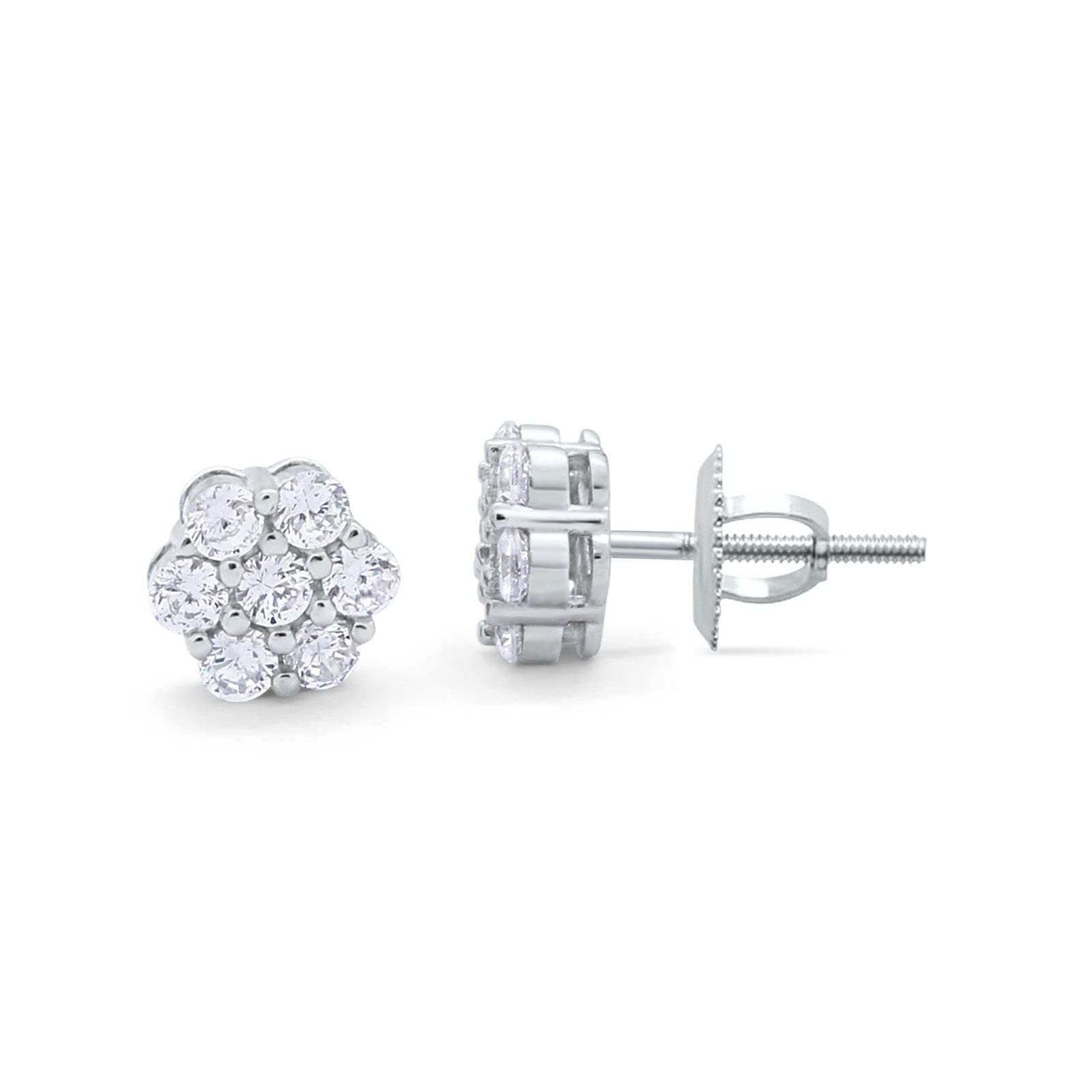 8mm Cluster Earrings 7-Stone Round Simulated Cubic Zirconia 925 Sterling Silver Screwback Flower Stud Earring