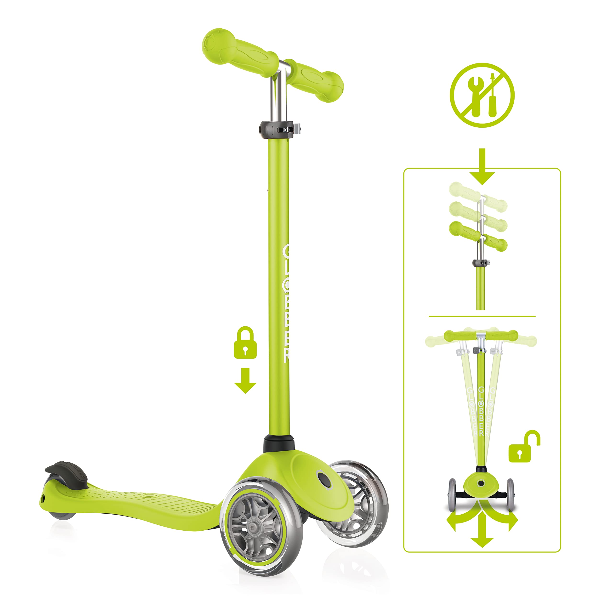 Globber Toddler Scooter | 3 Wheel Kick Scooter for Kids and Toddlers Ages 3-7 with Light Up Wheels | Grow with Me Outdoor Kick Scooter for Girls and Boys with Adjustable Handle Bars (V2, Lime Green)