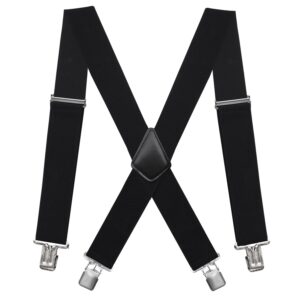 fasker mens suspenders x-back 2" wide adjustable solid straight heavy duty clip suspenders for men women, black