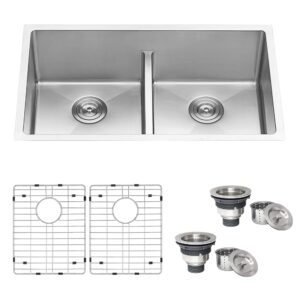 ruvati 30-inch low-divide undermount tight radius 50/50 double bowl 16 gauge stainless steel kitchen sink - rvh7355