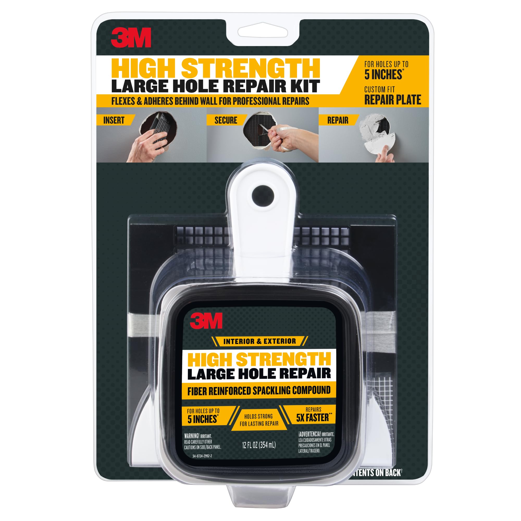 3M High Strength Large Hole Repair Kit, Includes Fiber Reinforced Spackling Compound (12 oz.), Repair Plate, Putty Knife and Sanding Sponge, For Easy Wall Repair, No Shrinking or Cracking (LHR-KIT)