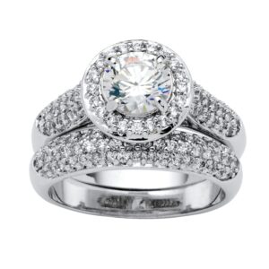 palmbeach platinum-plated round cubic zirconia pave halo bridal ring set sizes 7-10 size 9