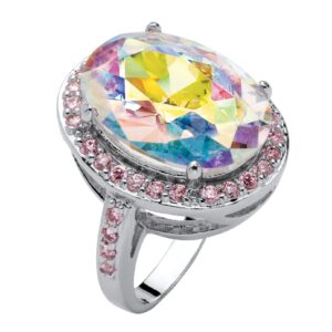 palmbeach silvertone oval cut aurora borealis and pink cubic zirconia halo cocktail ring sizes 6-10 size 9