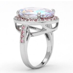 PalmBeach Silvertone Oval Cut Aurora Borealis and Pink Cubic Zirconia Halo Cocktail Ring Sizes 6-10 Size 9