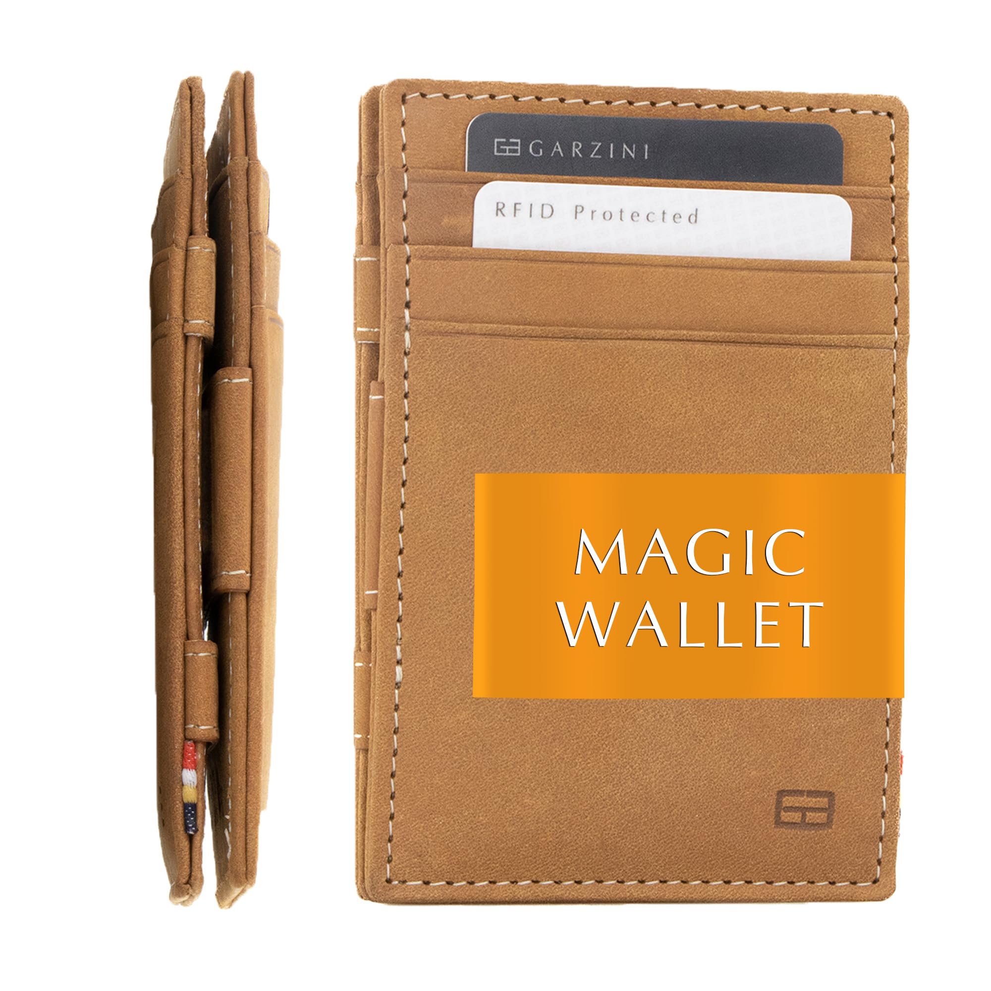 GARZINI Magic Wallet For Men, Minimalist Wallet with RFID card holder, Leather Wallet for 10 cards, Camel Brown