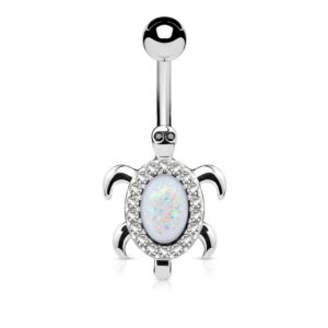 pierced owl 14ga 316l stainless steel opal and crystal paved turtle belly button ring (silver tone)