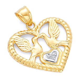 wellingsale 14k white and yellow gold polished diamond cut heart shaped ornate religious flying doves pendant with cz and heart accent