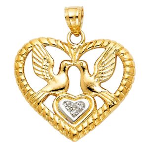 Wellingsale 14K White and Yellow Gold Polished Diamond Cut Heart Shaped Ornate Religious Flying Doves Pendant with CZ and Heart Accent