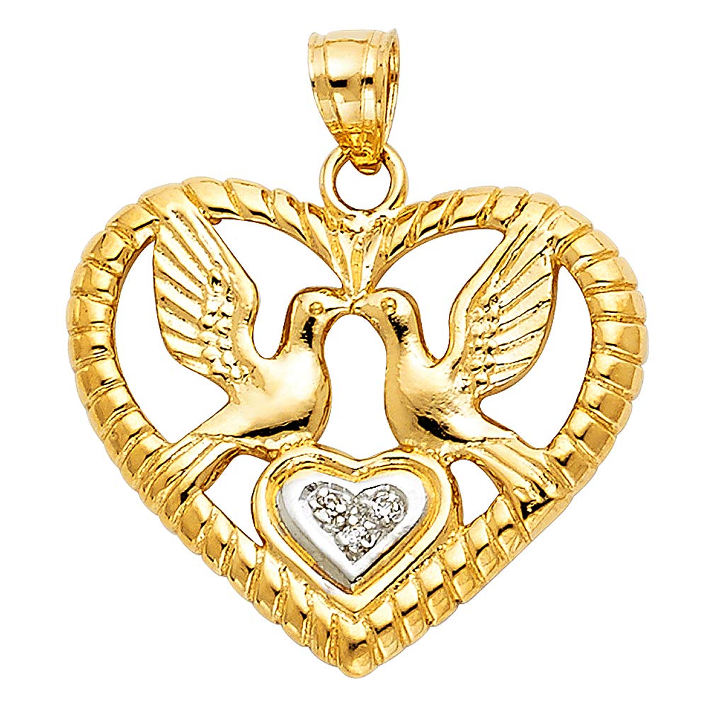 Wellingsale 14K White and Yellow Gold Polished Diamond Cut Heart Shaped Ornate Religious Flying Doves Pendant with CZ and Heart Accent