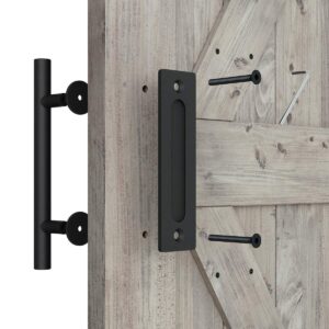 SMARTSTANDARD Heavy Duty 12" Pull and Flush Barn Door Handle Set, Large Rustic Two-Side Design, for Gates Garages Sheds Furniture, Solid Steel Material, Round, Black