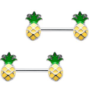 body candy steel yellow green pineapple barbell nipple ring set of 2 14 gauge 1/2"