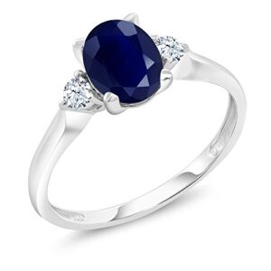 gem stone king 10k white gold blue sapphire and white created sapphire 3-stone engagement ring | 1.89 cttw | 3 stone wedding engagement anniversary promise ring for women (size 9)