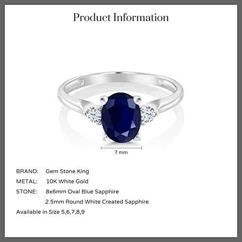 Gem Stone King 10K White Gold Blue Sapphire and White Created Sapphire 3-Stone Engagement Ring | 1.89 Cttw | 3 Stone Wedding Engagement Anniversary Promise Ring For Women (Size 9)