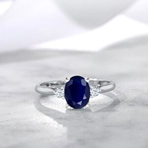 Gem Stone King 10K White Gold Blue Sapphire and White Created Sapphire 3-Stone Engagement Ring | 1.89 Cttw | 3 Stone Wedding Engagement Anniversary Promise Ring For Women (Size 9)